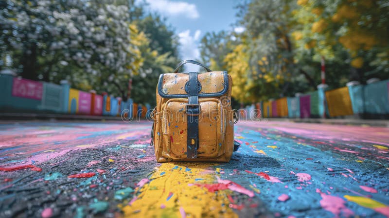 A Backpack Stained with Chalk and Paint on the Colorful Asphalt. Stock ...