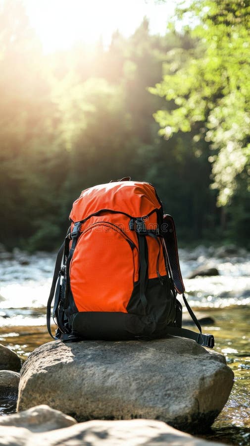 Backpack Stands on Rock Near River with Scenic View and Sunny ...