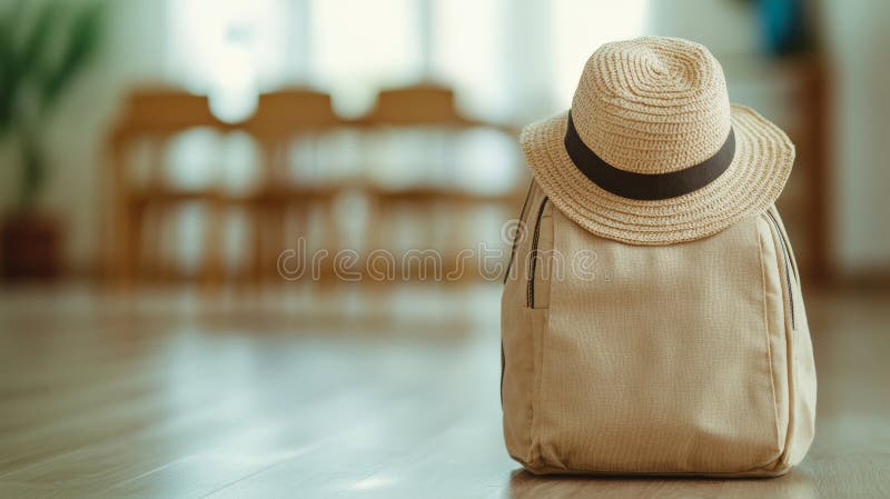Backpack with Straw Hat on Top, Placed on Classroom Floor, Under Soft ...