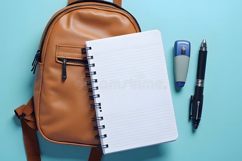 Backpack for Students with a Notebook, Pen, and Eraser Placed Next To ...