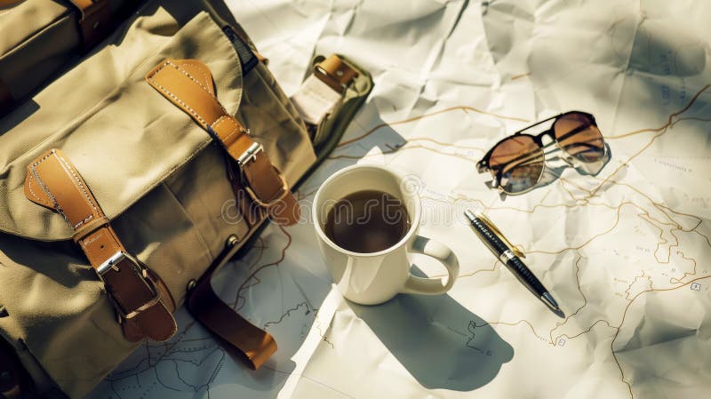 Backpack, Sunglasses, Map on Light Aesthetic Background. Vacation Trip ...