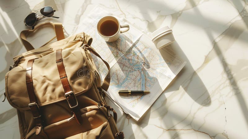Backpack, Sunglasses, Map on Light Aesthetic Background. Vacation Trip ...