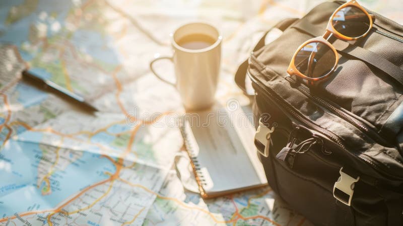Backpack, Sunglasses, Map on Light Aesthetic Background. Vacation Trip ...