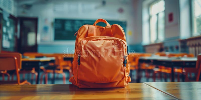 Backpack on Table in Classroom Stock Image - Image of belongings ...