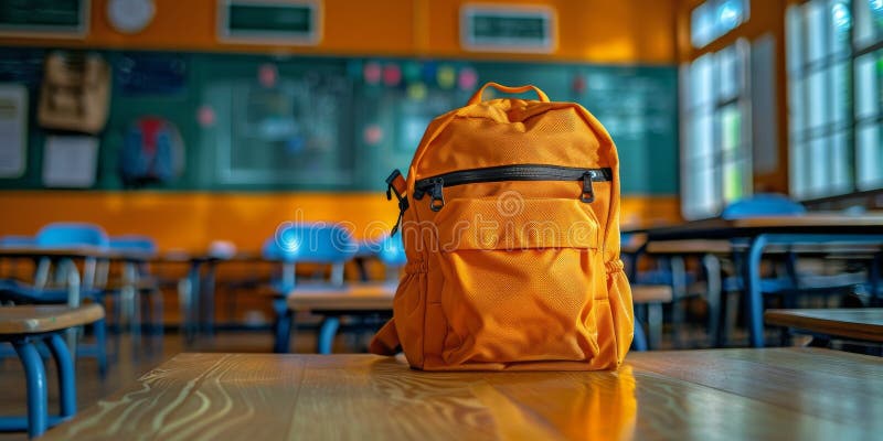 Backpack on Table in Classroom Stock Photo - Image of environment ...
