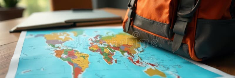 Backpack on Table, Map Spread, Travel Planning , Adventure, Compass ...