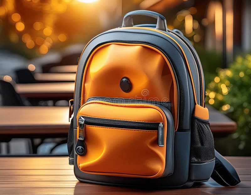 Backpack on table outdoors stock photo. Image of elementary - 322817394