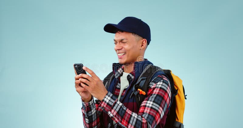 Backpack, Travel and Man with Phone in Studio Laugh at Funny Meme ...