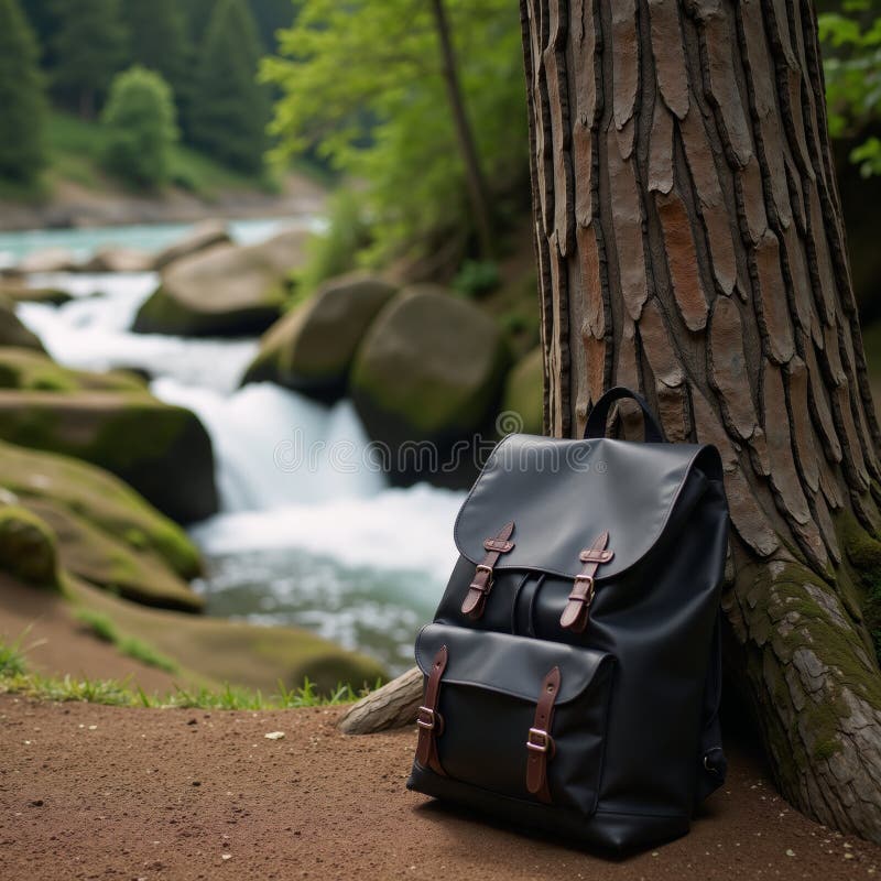 Backpack by a Tree with River Scene Under Natural Light Stock ...