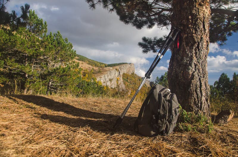 Backpack and Trekking Poles Stock Photo - Image of leisure, peak: 101840338
