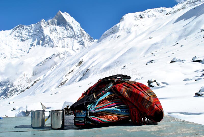 Backpack, Two Mugs and Mountains Stock Image - Image of mugs, base ...