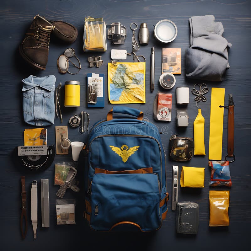 A Backpack and Various Items on a Table Stock Illustration ...