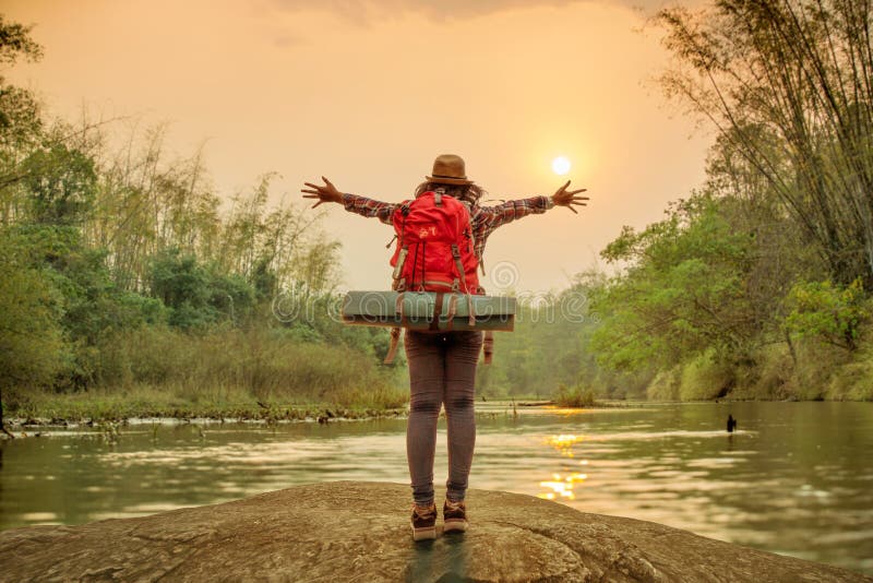 Backpack Woman Standing and Open Hand Stock Photo - Image of traveler ...