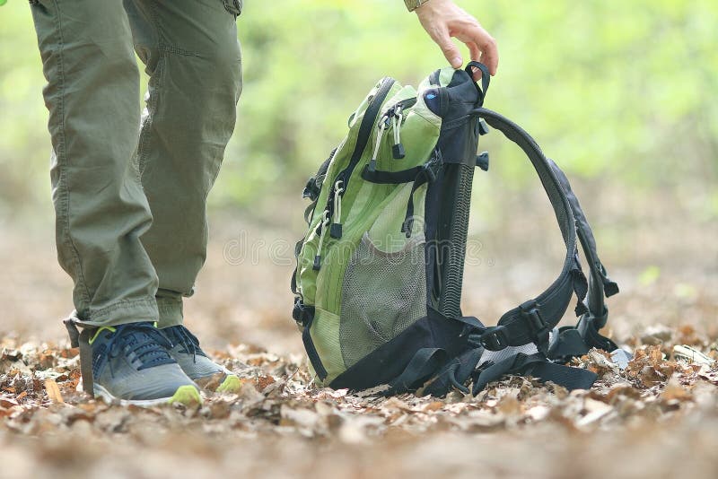 Backpack in the woods stock image. Image of camp, camping - 62319101