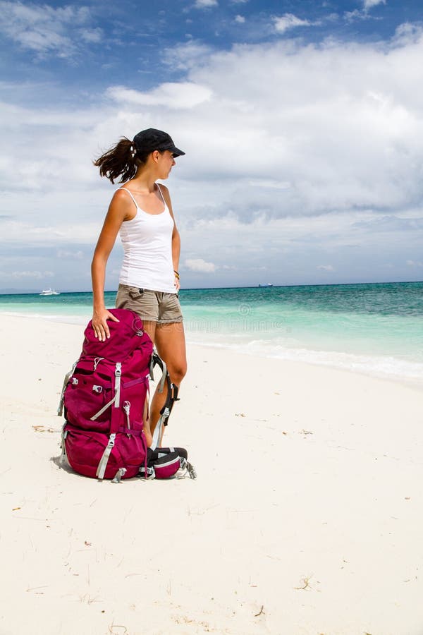 Backpacker on beach stock image. Image of alone, young - 26758187