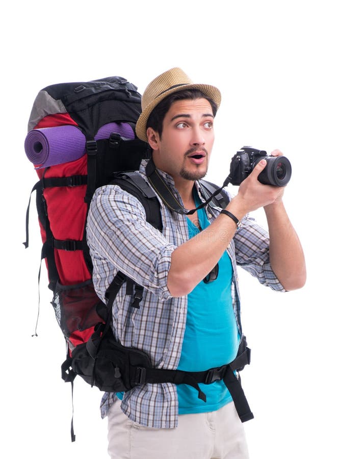 The Backpacker with Camera Isolated on White Background Stock Photo ...