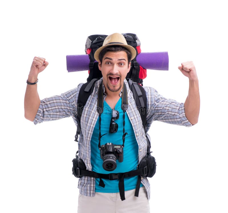 The Backpacker with Camera Isolated on White Background Stock Photo ...
