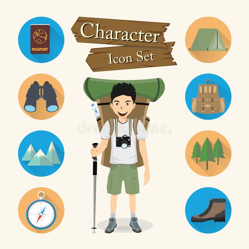 Backpacker Character Icon Set Vector Stock Vector - Illustration of ...