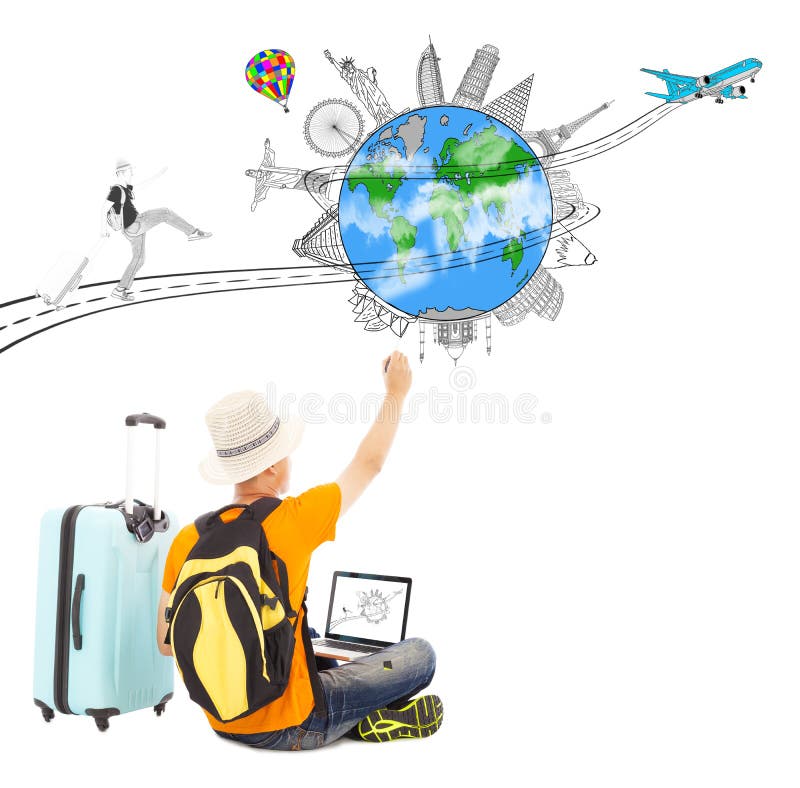 Cartoon Travel Man with Backpack Around World Stock Vector ...