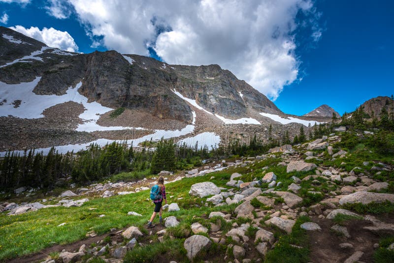 Backpacker Entering the Valley Near Blue Lake Stock Image - Image of ...