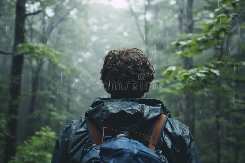 Backpacker Exploring a Rainy Forest during a Solo Adventure Stock Photo ...