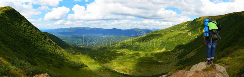 Backpacker in Front of Mountain Range Stock Image - Image of ...