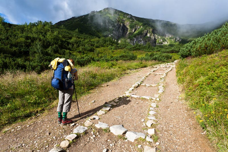 Backpacker Girl Exploring the Mountains. Stock Image - Image of action ...