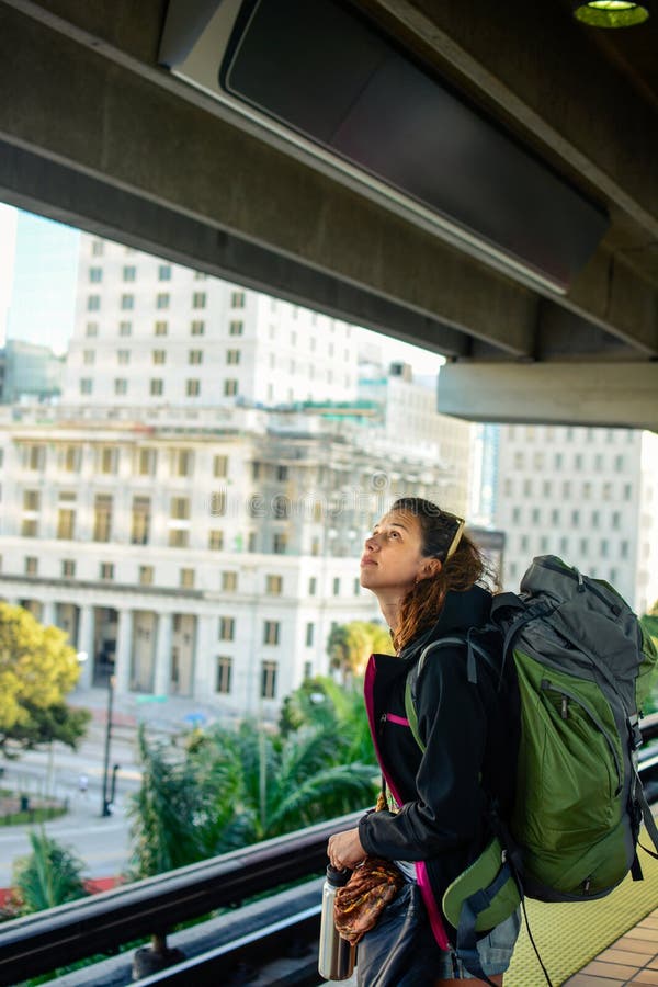 Backpacker girl in Miami stock image. Image of backpack - 84256885