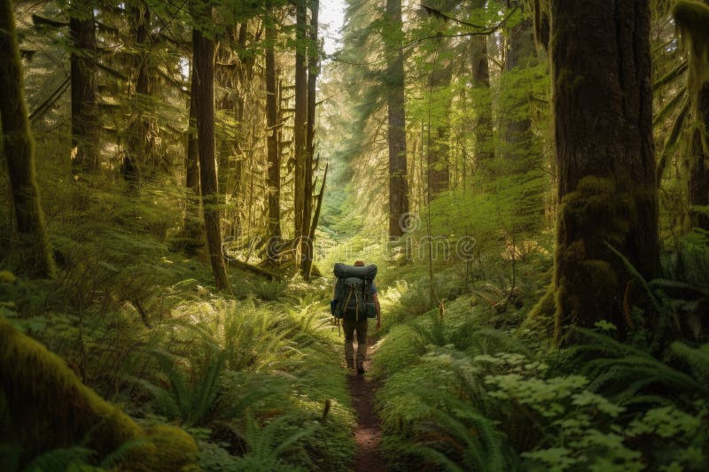 Backpacker Hiking through Dense Forest, Surrounded by Towering Trees ...