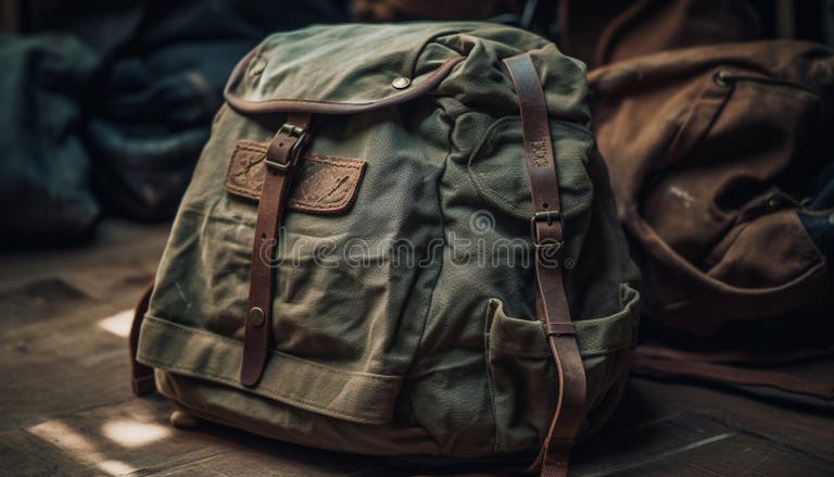 Backpacker Hiking through Forest with Old Fashioned Leather Backpack ...