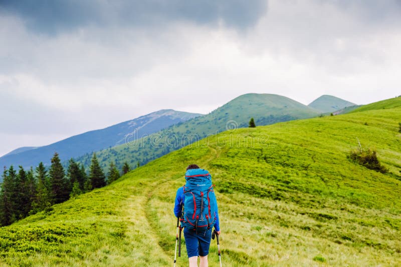 Backpacker Hiking in Summer Mountains Stock Photo - Image of male ...