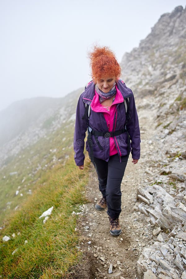 Backpacker Lady Hiking on a Trail Stock Image - Image of backpack ...