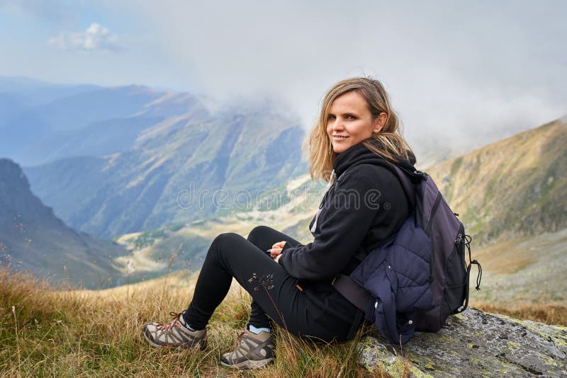 Backpacker Lady Hiking on a Trail Stock Image - Image of high, hiker ...