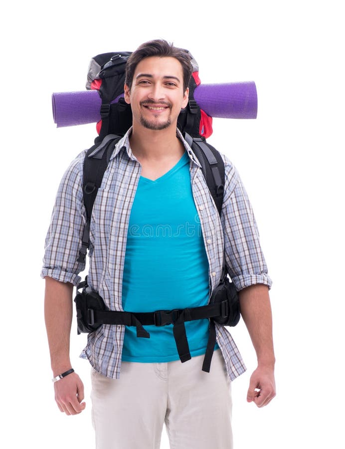 Backpacker with Large Backpack Isolated on White Stock Image - Image of ...