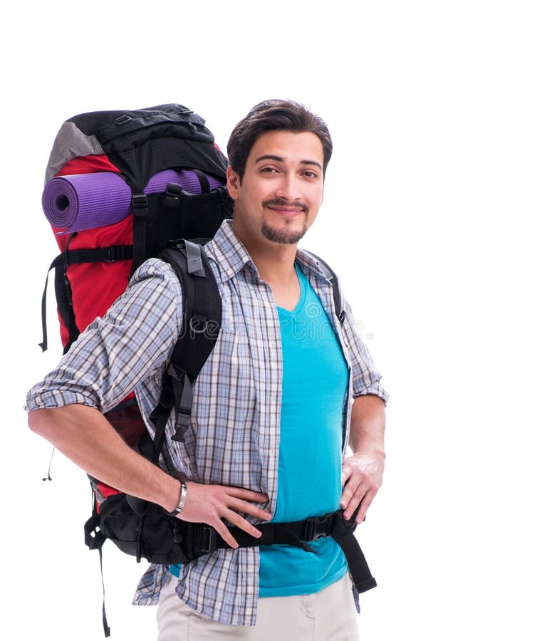 Backpacker with Large Backpack Isolated on White Stock Image - Image of ...