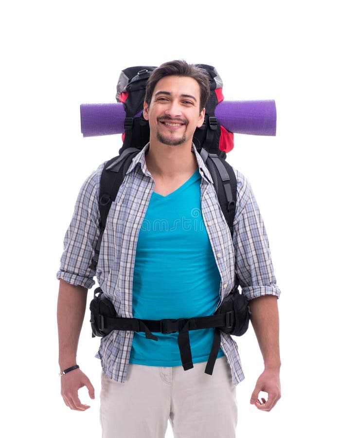 Backpacker with Large Backpack Isolated on White Stock Image - Image of ...