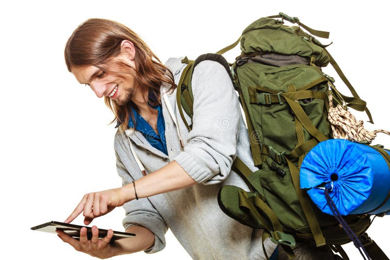 Backpacker Man Using Pc Tablet Browsing Internet. Stock Image - Image ...