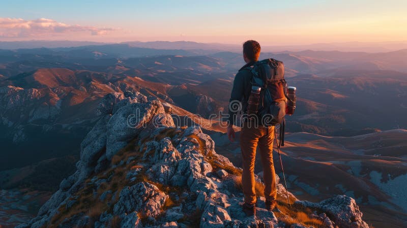 Backpacker on Mountain Path at Golden Hour Stock Photo - Image of ...
