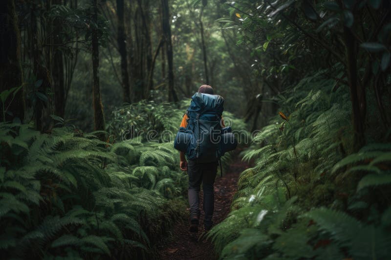 Backpacker, with Pack on His Back, Walking through Dense Forest Stock ...