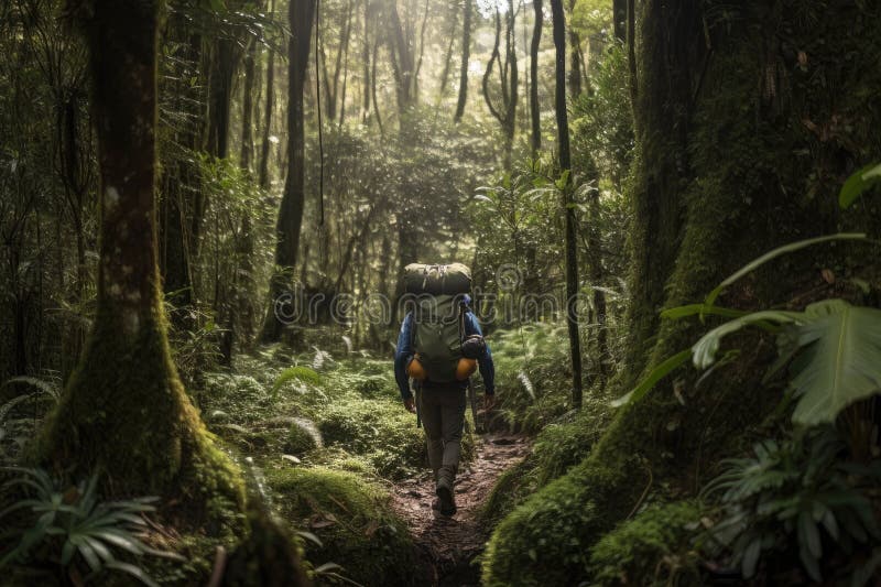 Backpacker, with Pack on His Back, Walking through Dense Forest Stock ...