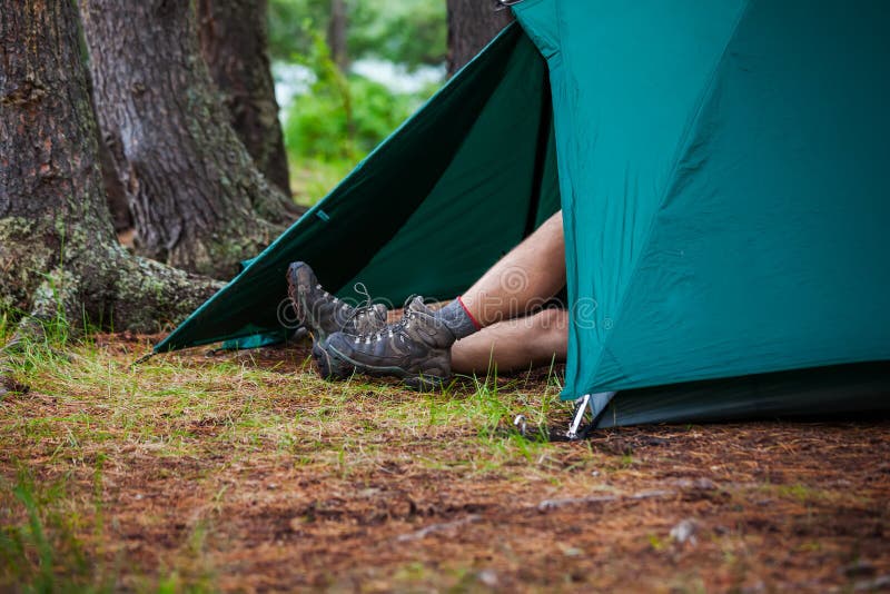 Backpacker is Resting in Green Tent Stock Image - Image of sitting ...
