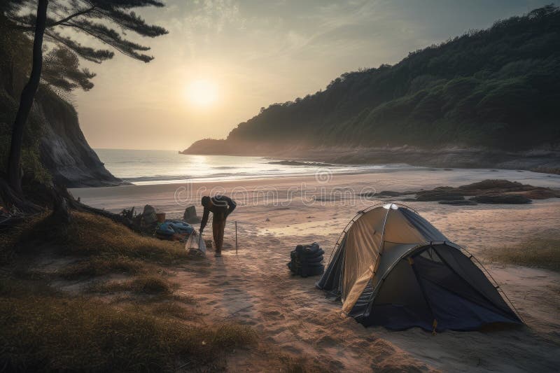 Backpacker Setting Up Camp for the Night on a Secluded Beach Stock ...