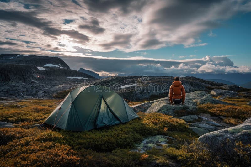 Backpacker Setting Up Tent on a Grand, Wild Scale Stock Illustration ...