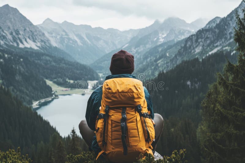 Backpacker Sitting on a Mountain Ridge Overlooking a Valley and Lake ...
