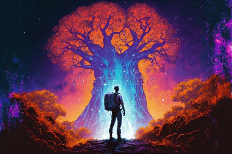 Backpacker Standing Atop Colossal Tree Teeming with Twinkling Fireflies ...