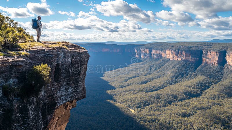 A Backpacker Standing at the Edge of a Cliff, Overlooking a Sprawling ...
