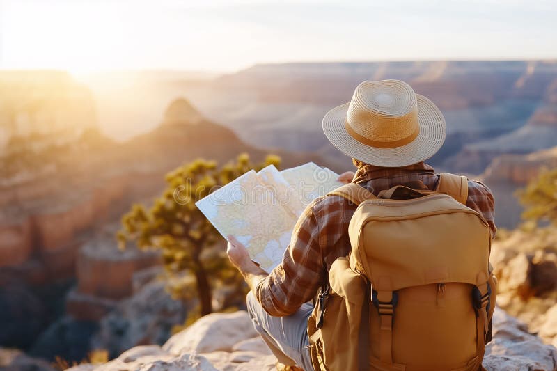 A Backpacker with a Straw Hat Examines a Map, Taking in the ...