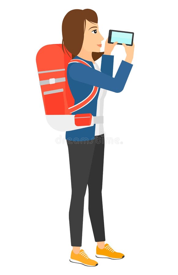 Backpacker taking photo. stock vector. Illustration of background ...