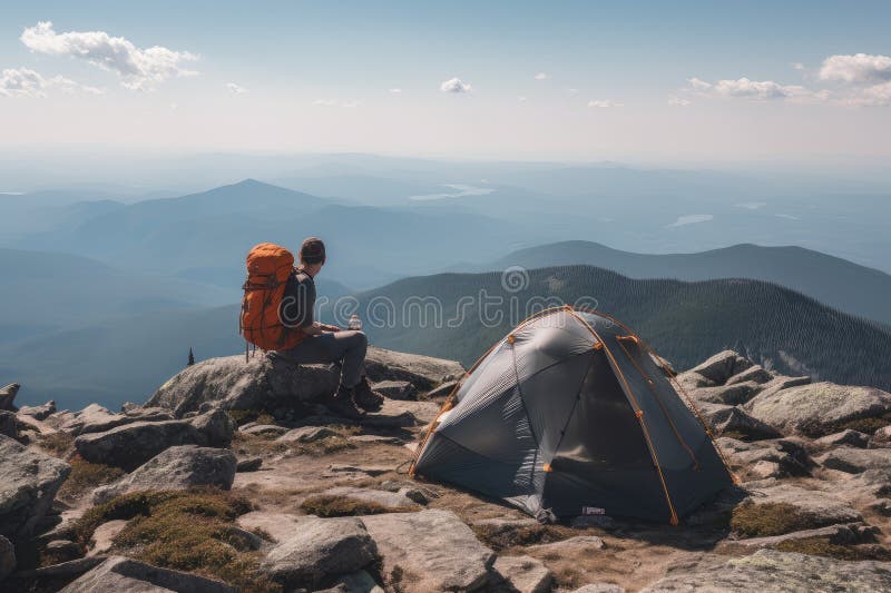 A Backpacker Taking in the View from a Mountain Summit, with Their Tent ...