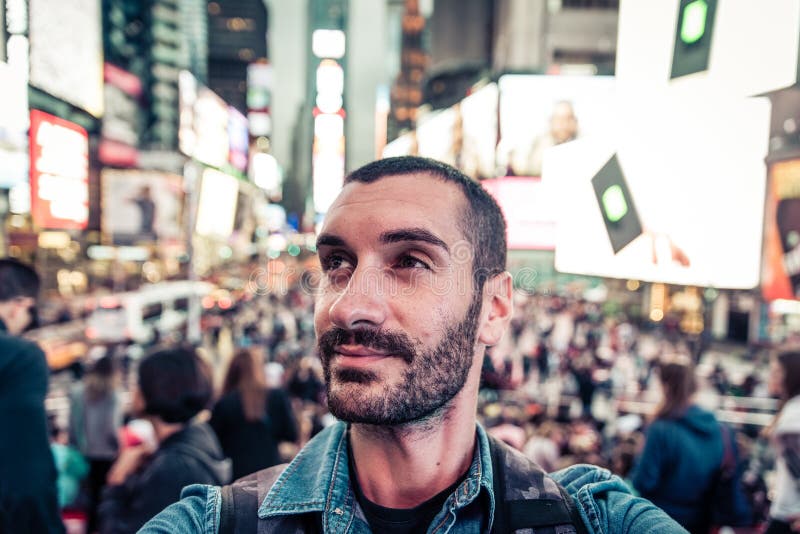 Backpacker Tourist Taking Selfie in Time Square Stock Image - Image of ...